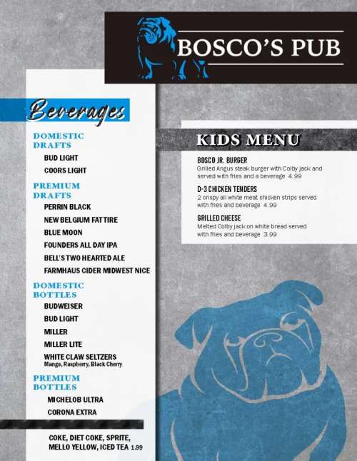 Bosco's Pub menu in Hudsonville, Michigan, USA