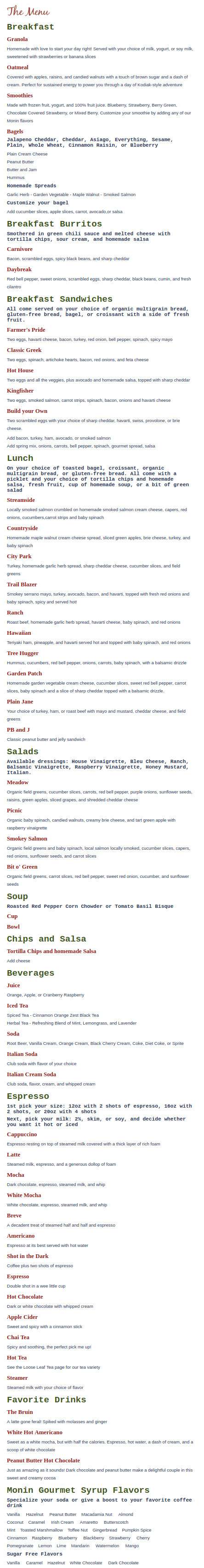 Java Flats menu in Kodiak, Alaska, USA