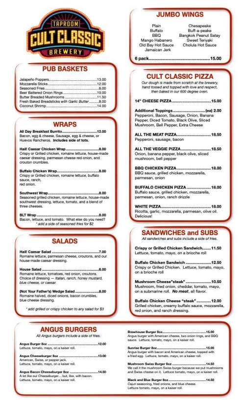 Cult Classic Brewing menu in Stevensville, Maryland, USA