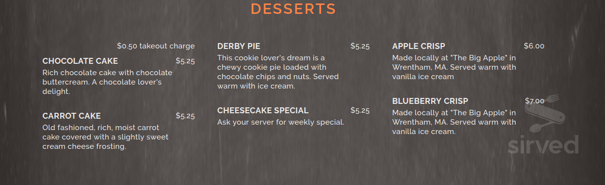 Eagle Brook Saloon menu in Norfolk, Massachusetts, USA