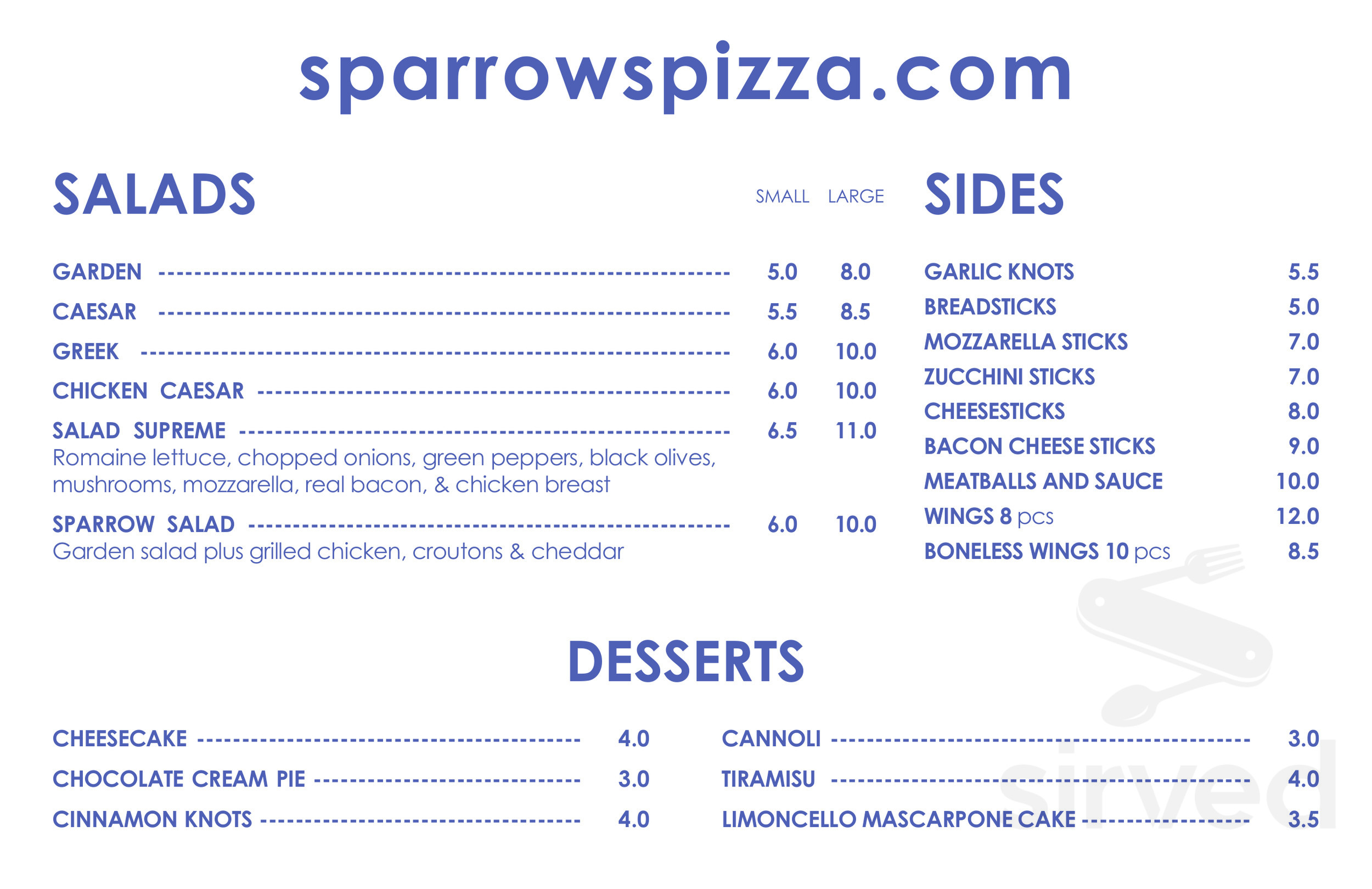 Sparrow's Pizza menu in Richmond, Virginia, USA