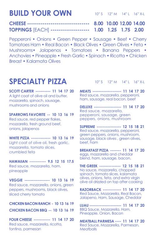 Sparrow's Pizza menu in Richmond, Virginia, USA