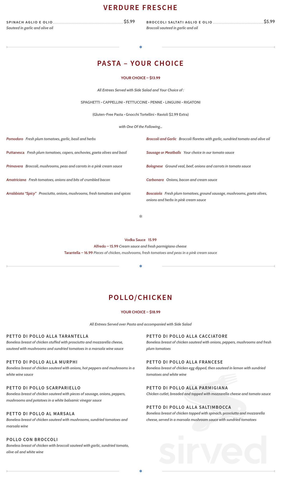 Tarantella menu in Medford, New Jersey, USA