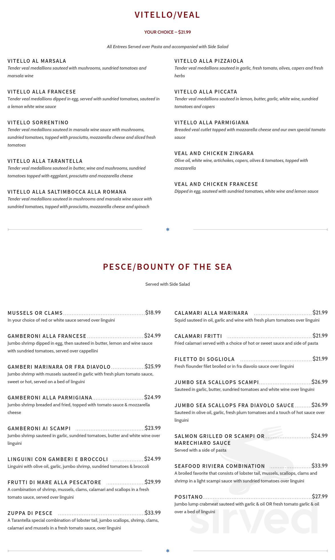 Tarantella menu in Medford, New Jersey, USA