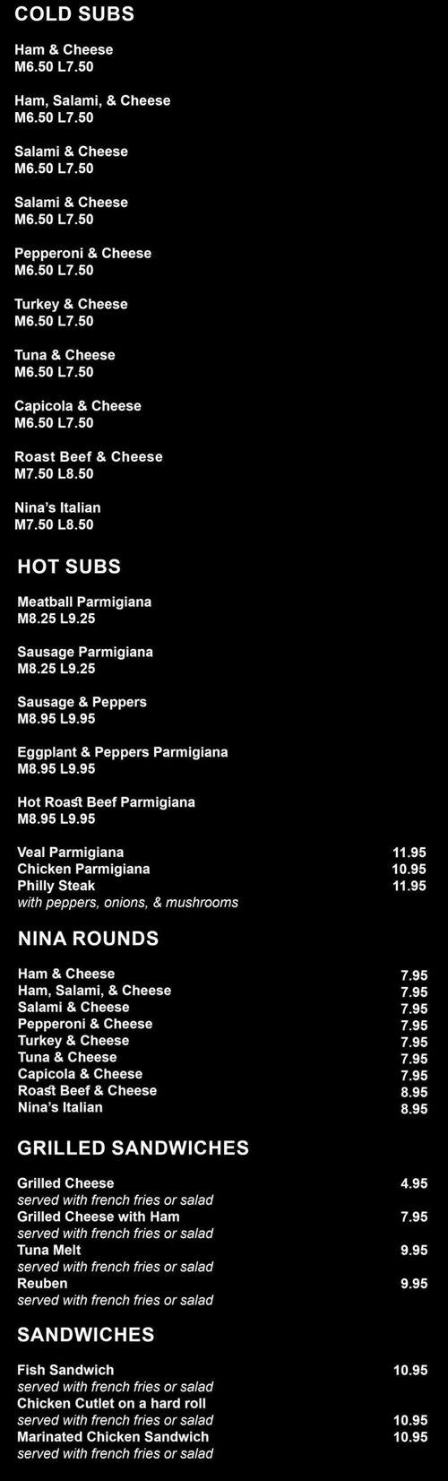 Nina's Pizzeria & Restaurant menu in Norwich, New York, USA