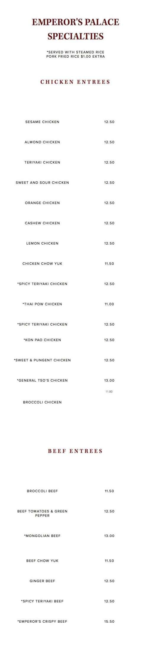 Emperor's Palace Restaurant menu in Olympia, Washington, USA