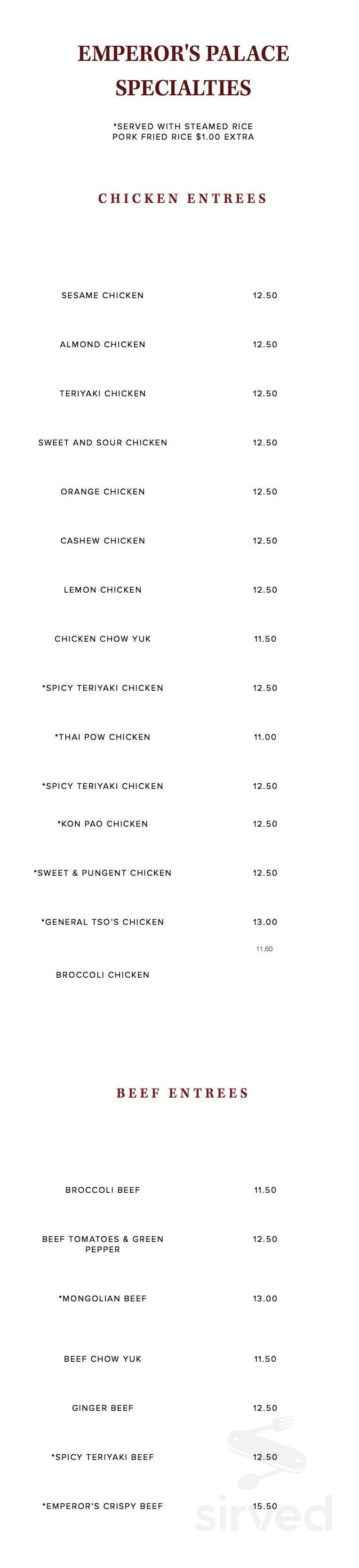 Emperor's Palace Restaurant menu in Olympia, Washington, USA