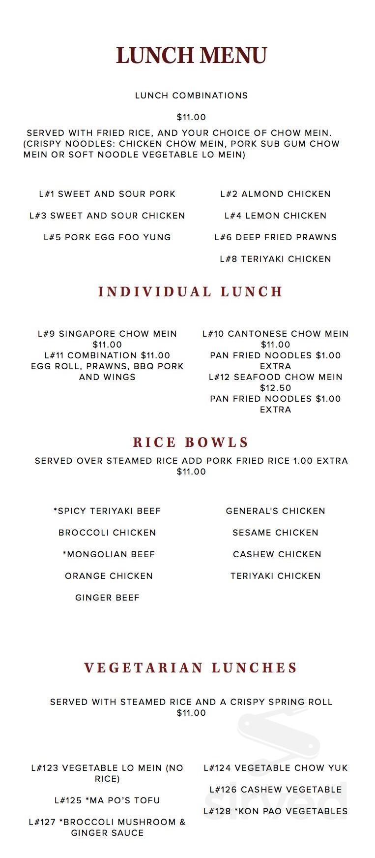 Emperor's Palace Restaurant menu in Olympia, Washington, USA