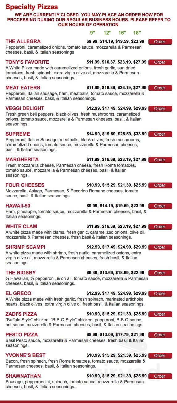 Allegra's Pizza menu in Denver, Colorado, USA