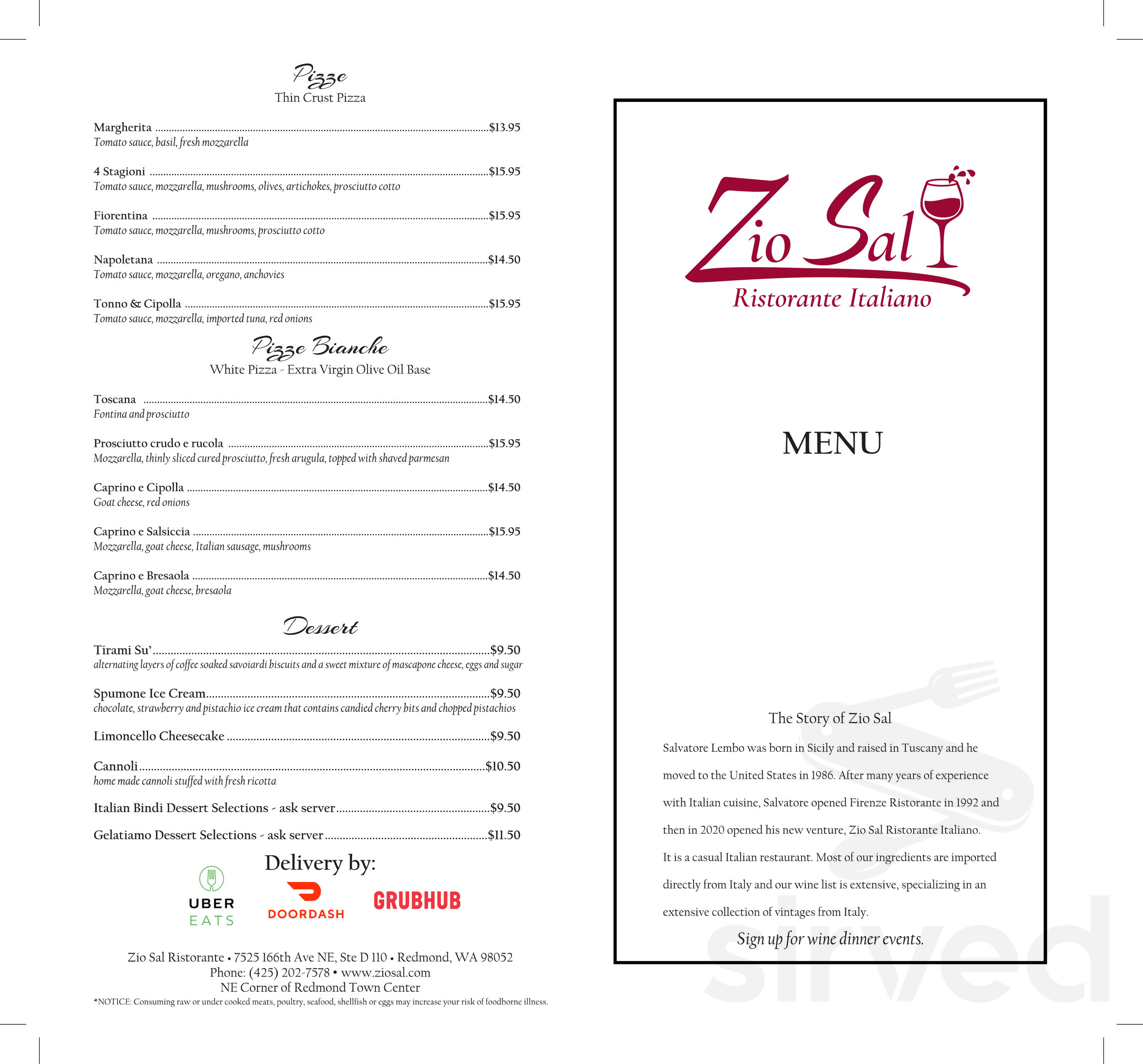 Zio Sal Ristorante menu in Redmond, Washington, USA