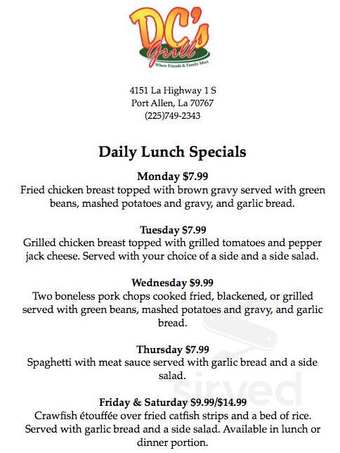 DC's Grill menu in Port Allen, Louisiana, USA