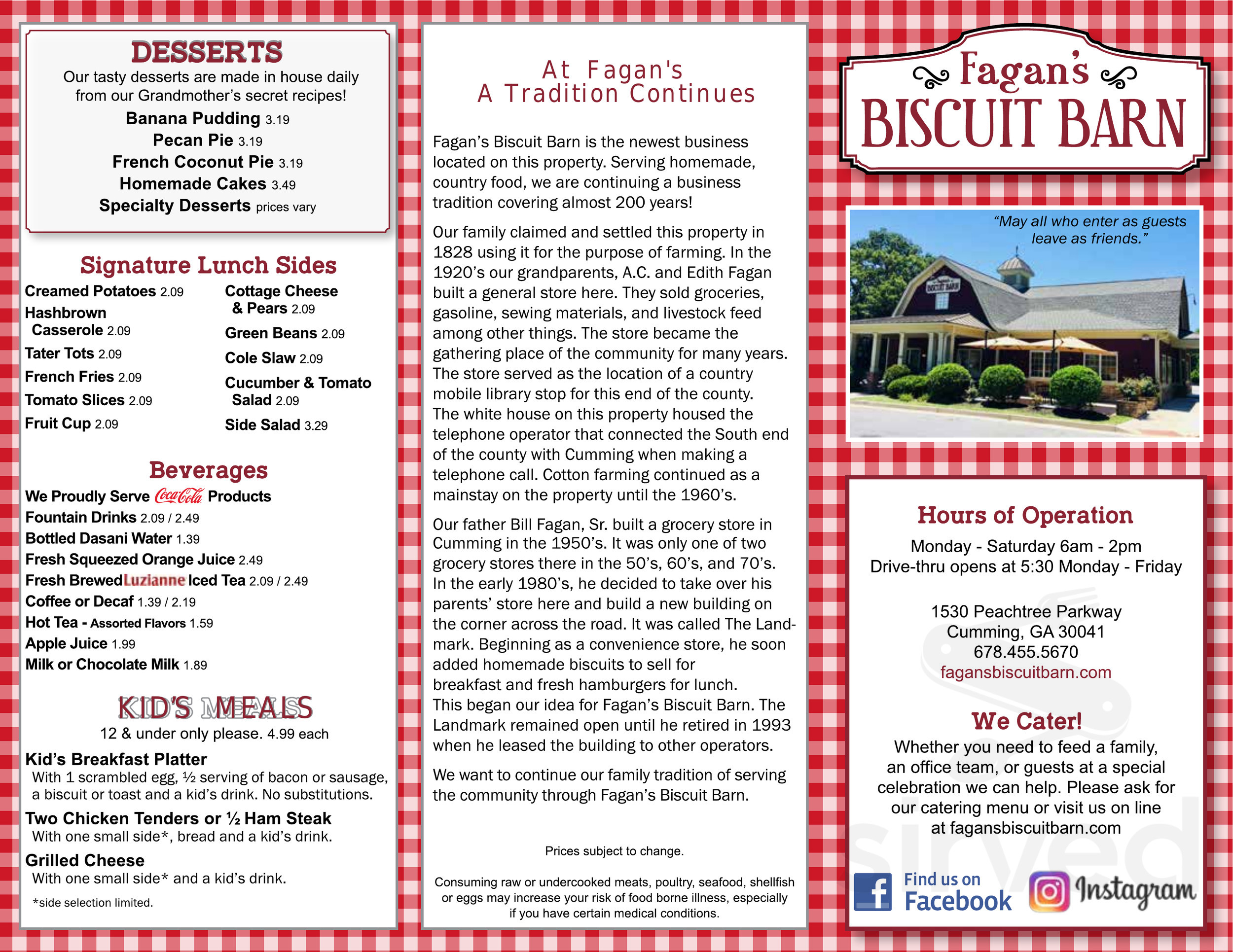 Fagan's Biscuit Barn menu in Cumming, Georgia, USA