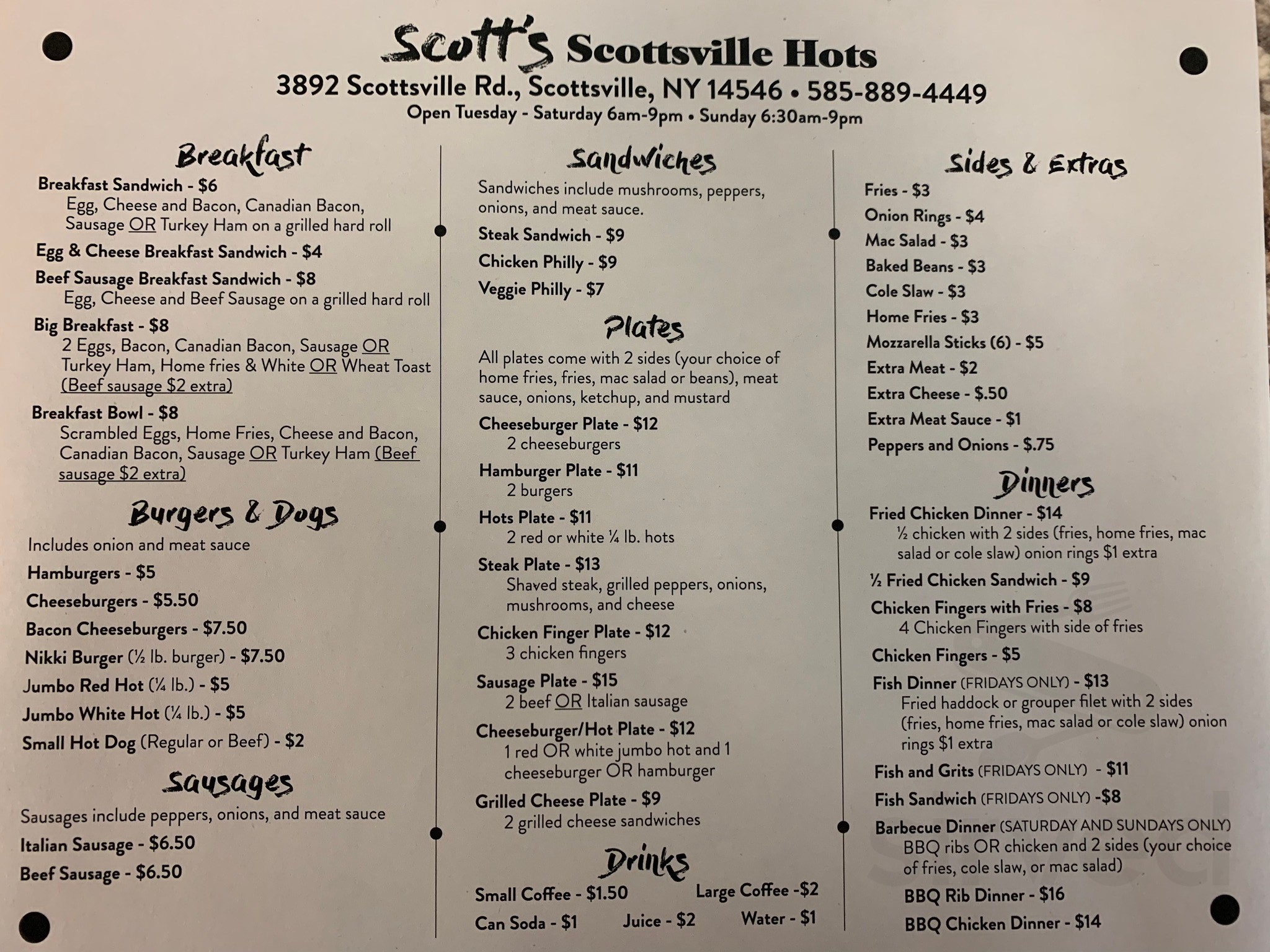 Scott's Scottsville Hots menu in Scottsville, New York, USA