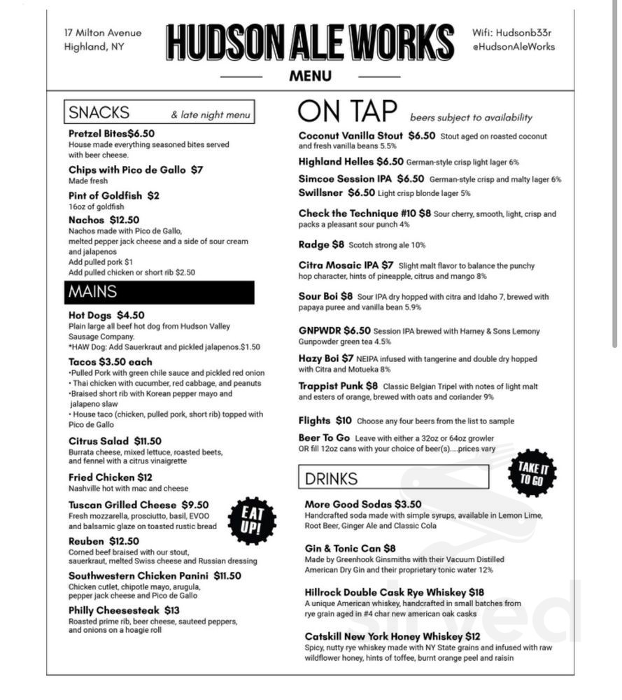 Menu for Hudson Ale Works in Highland, NY | Sirved