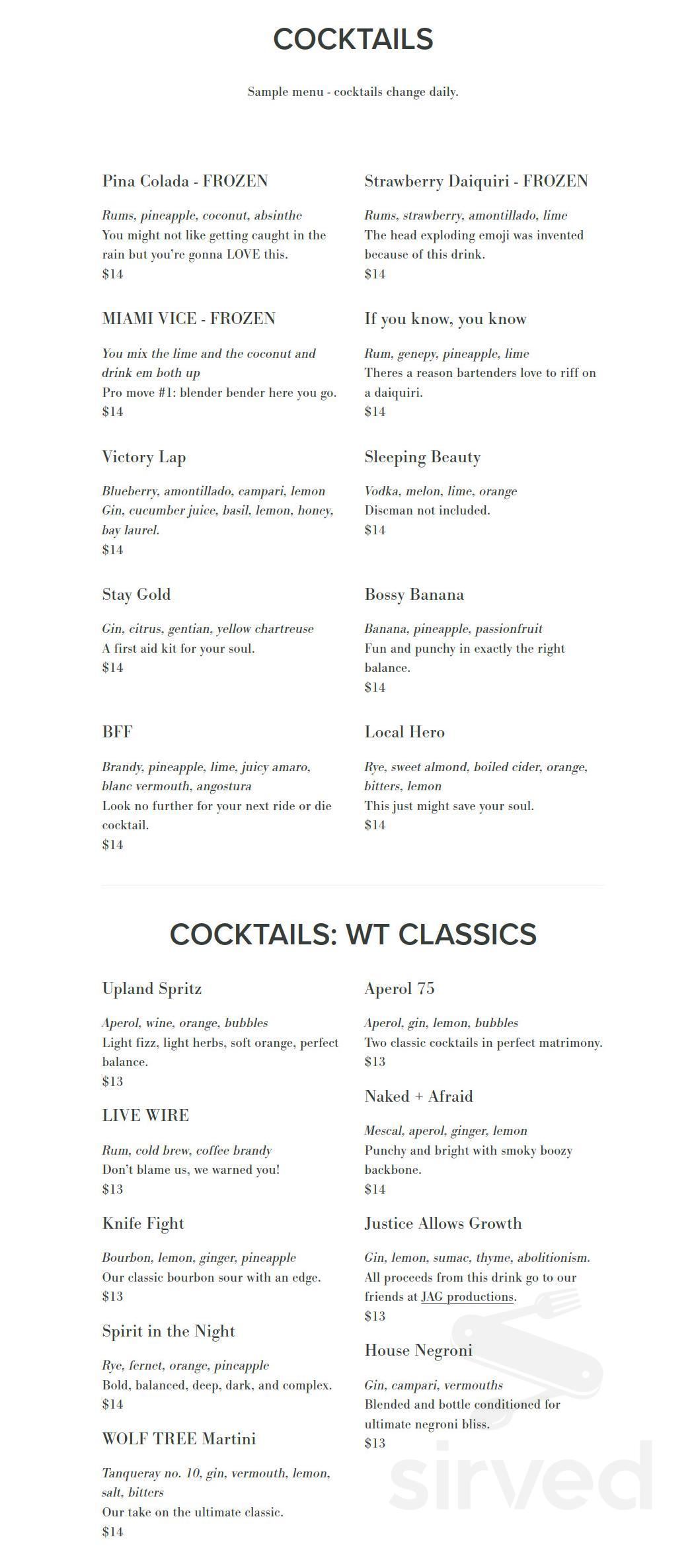 Wolf Tree menu in White River Junction, Vermont, USA