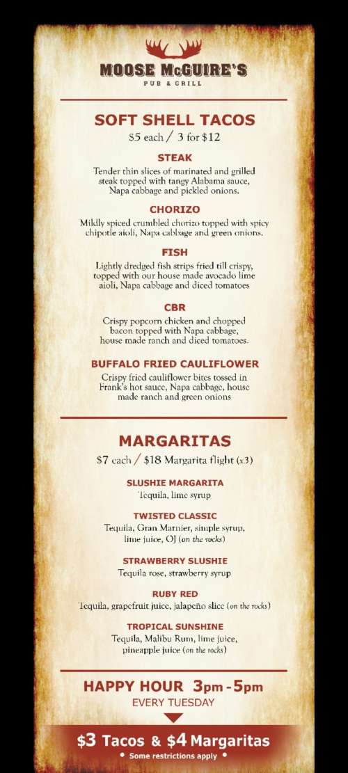 Moose McGuire's menu in Kanata, Ontario, Canada