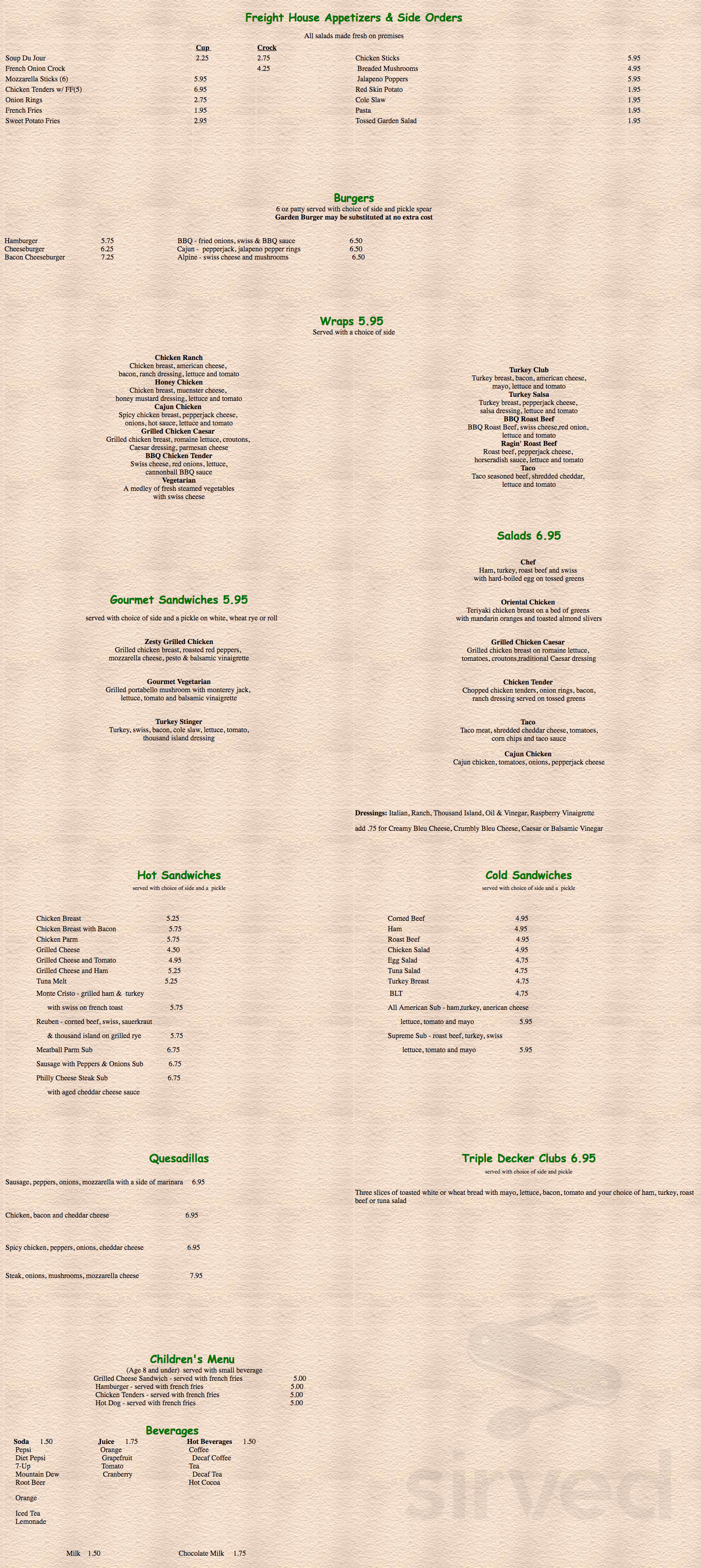 Menu for Freight House in Ogdensburg, NY | Sirved