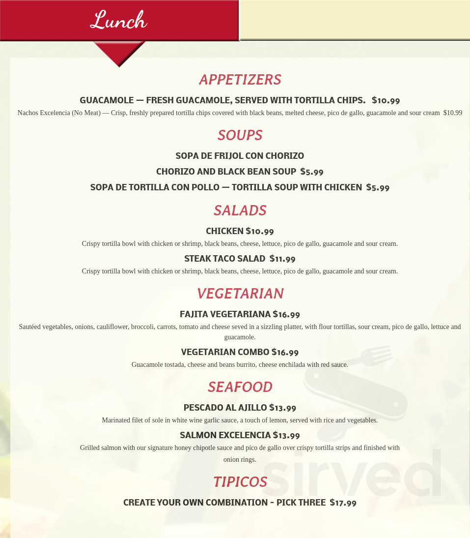 Menu - Mahopac NY's Excelencia Mexicana | Sirved