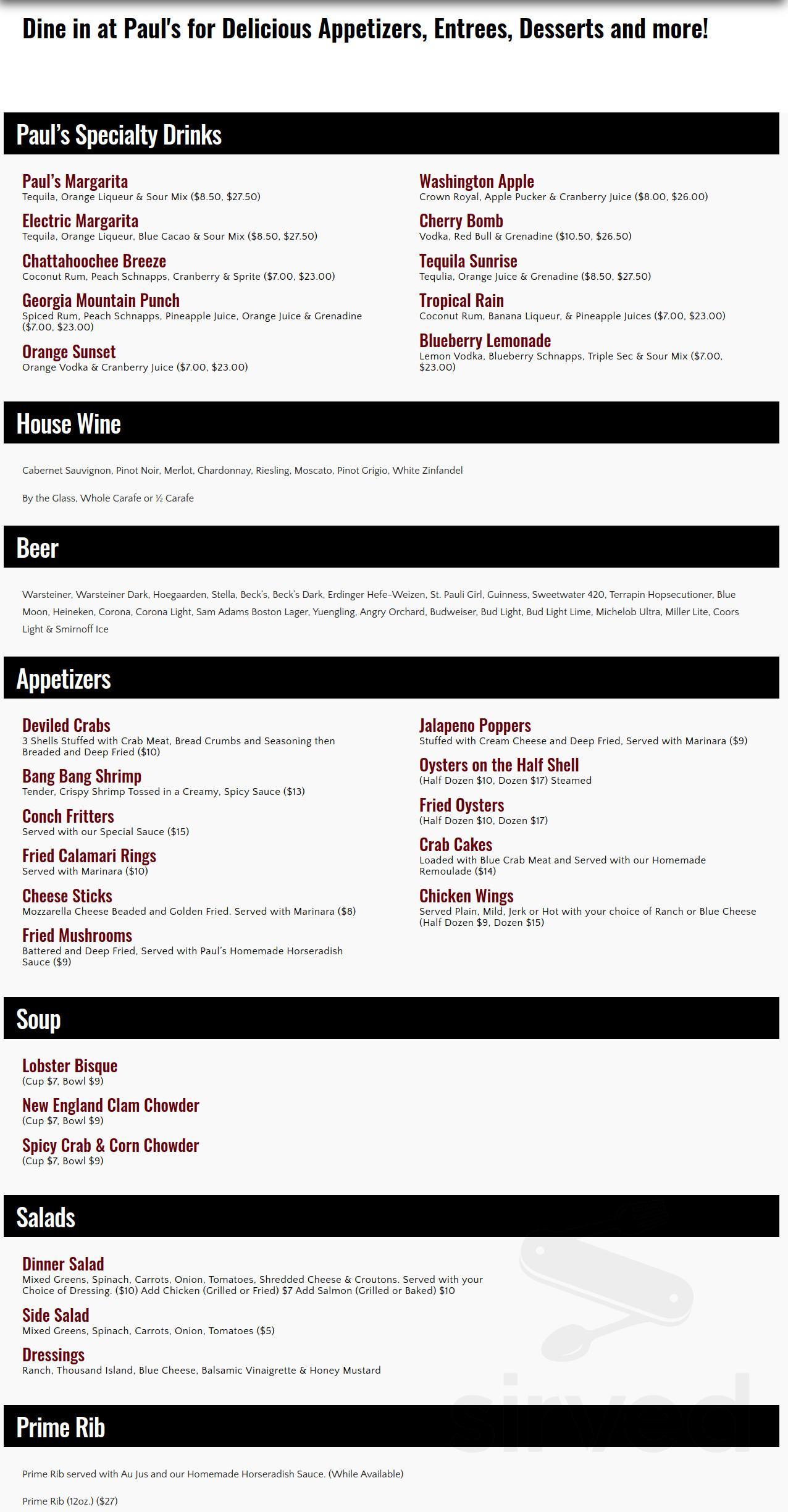 Menu - Helen GA's Paul's Steakhouse | Sirved