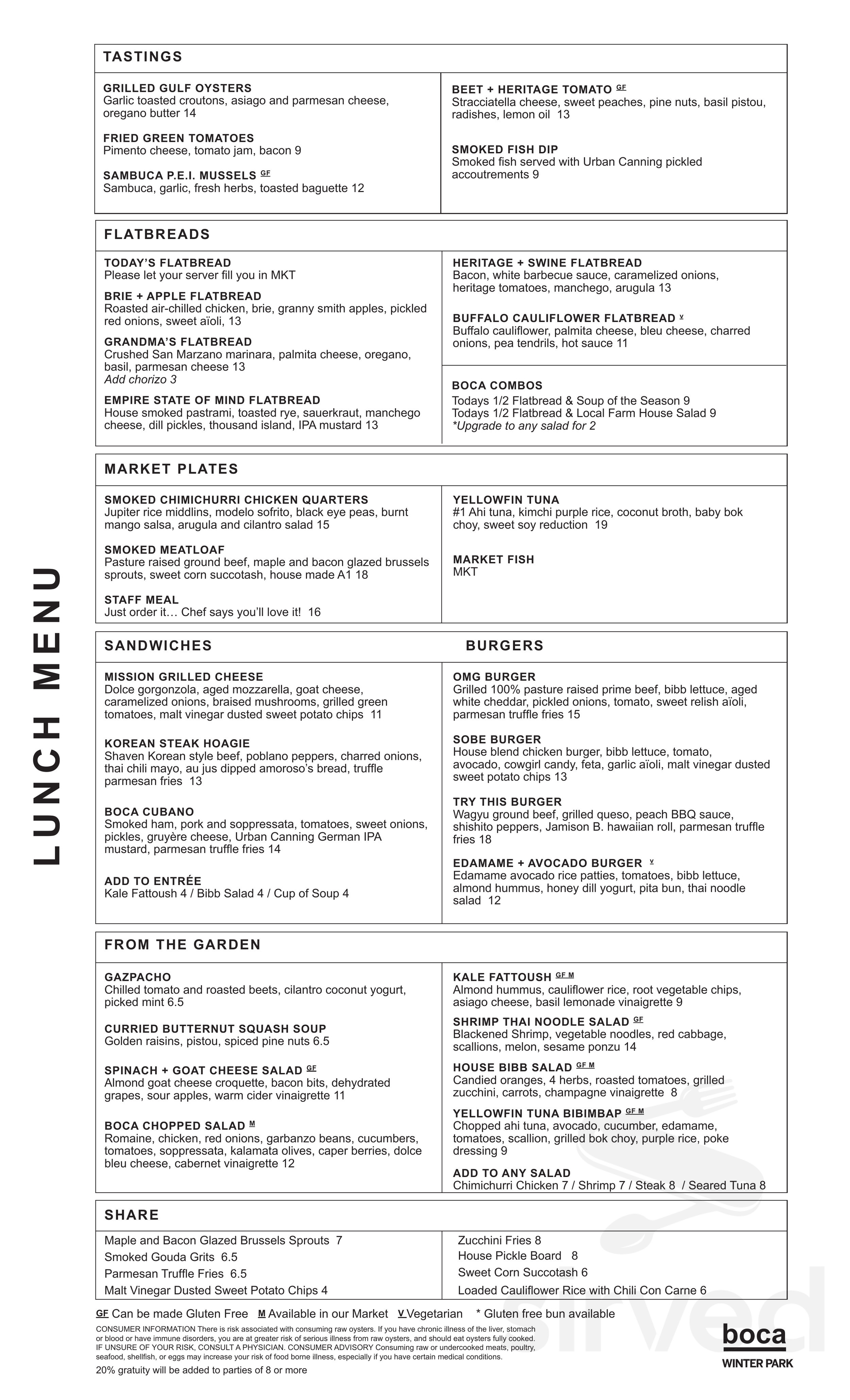 Boca Winter Park menu in Winter Park, Florida, USA