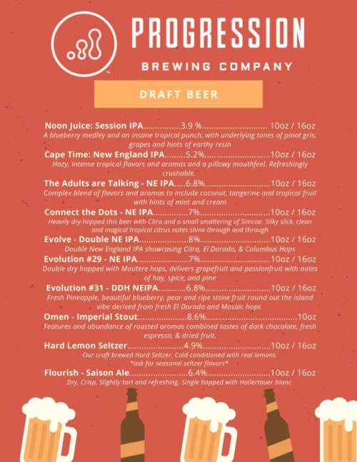 Progression Brewing Company menu in Northampton, Massachusetts, USA