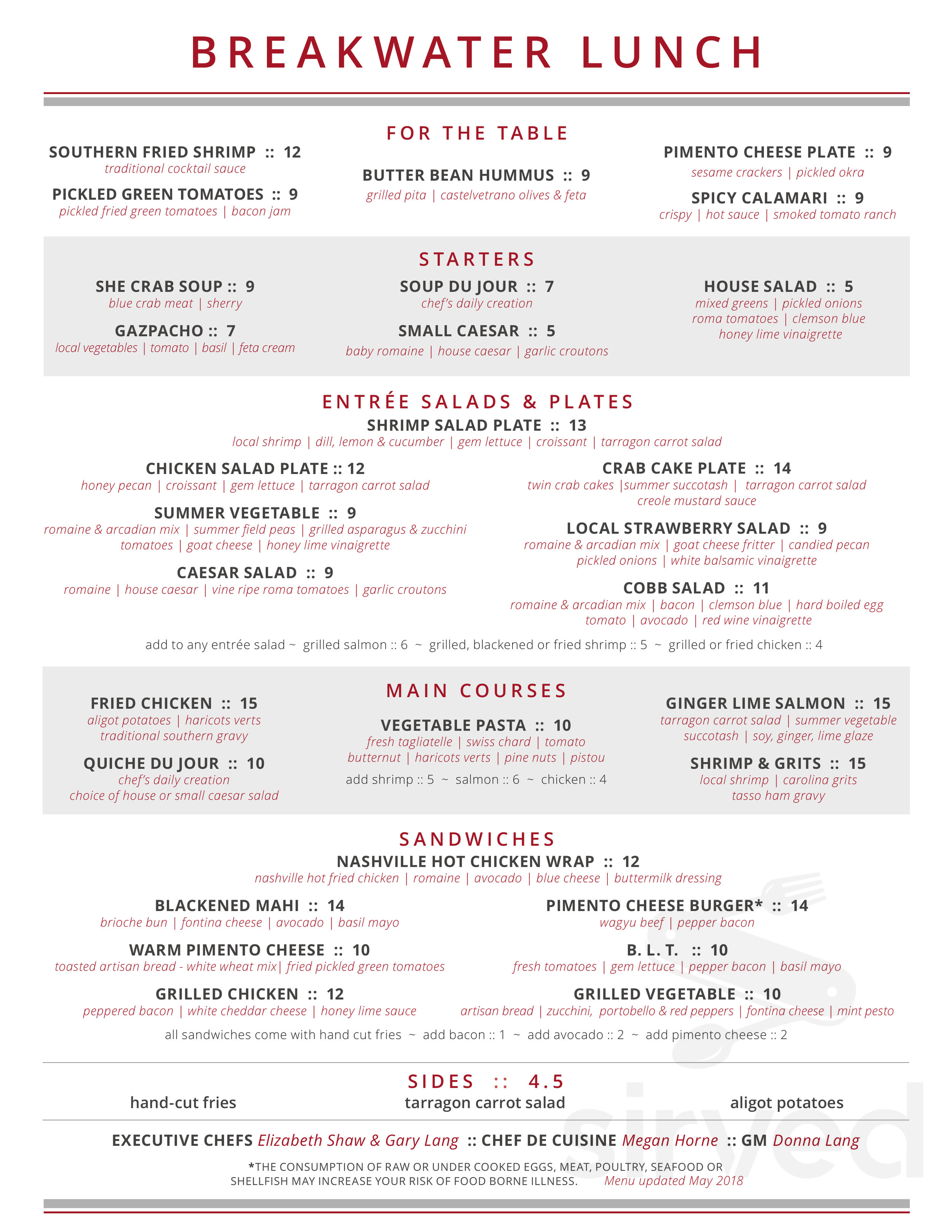 Breakwater Restaurant & Bar menu in Beaufort, South Carolina, USA