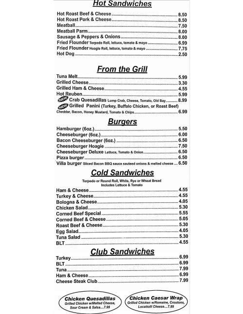 Villa Deli menu in Sicklerville, New Jersey, USA