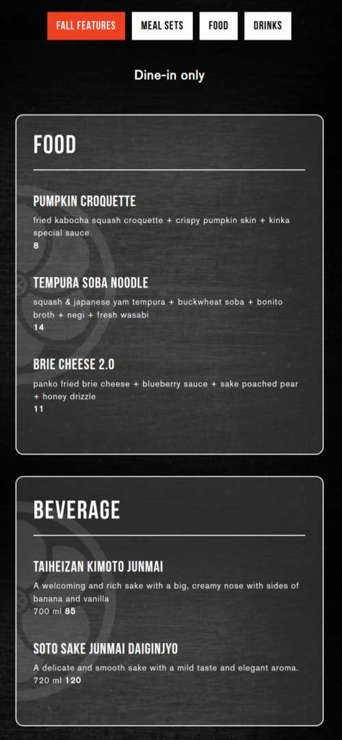 KINKA IZAKAYA HARBOURFRONT menu in Toronto, Ontario, Canada