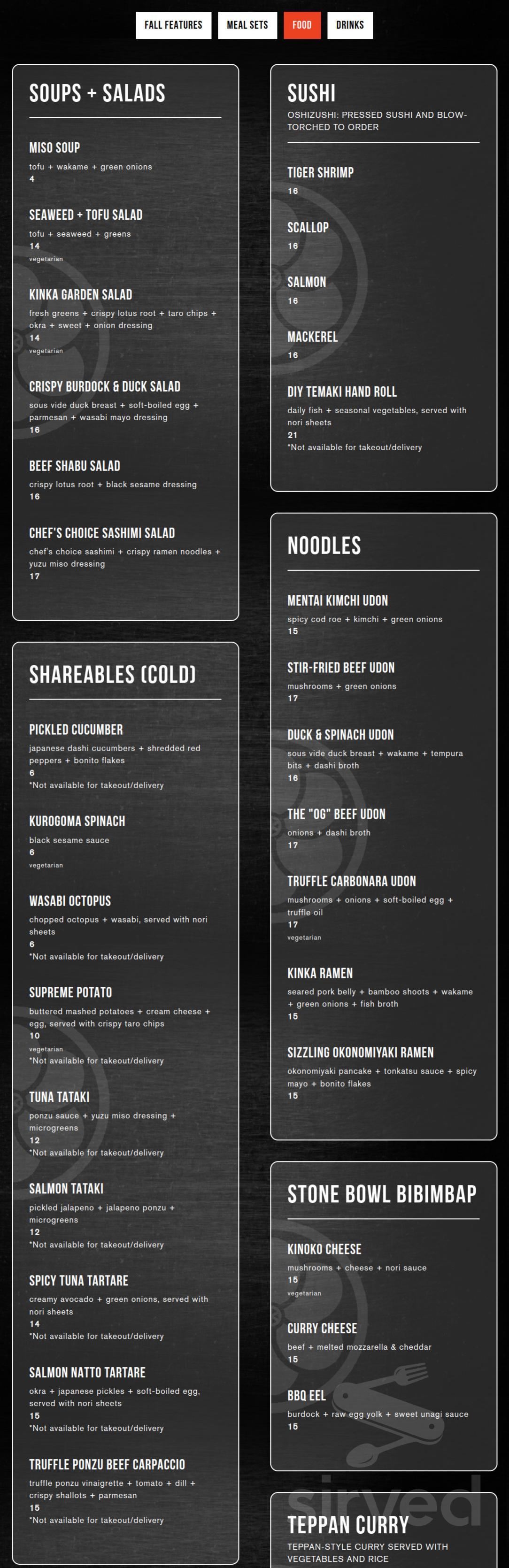 KINKA IZAKAYA HARBOURFRONT menu in Toronto, Ontario, Canada