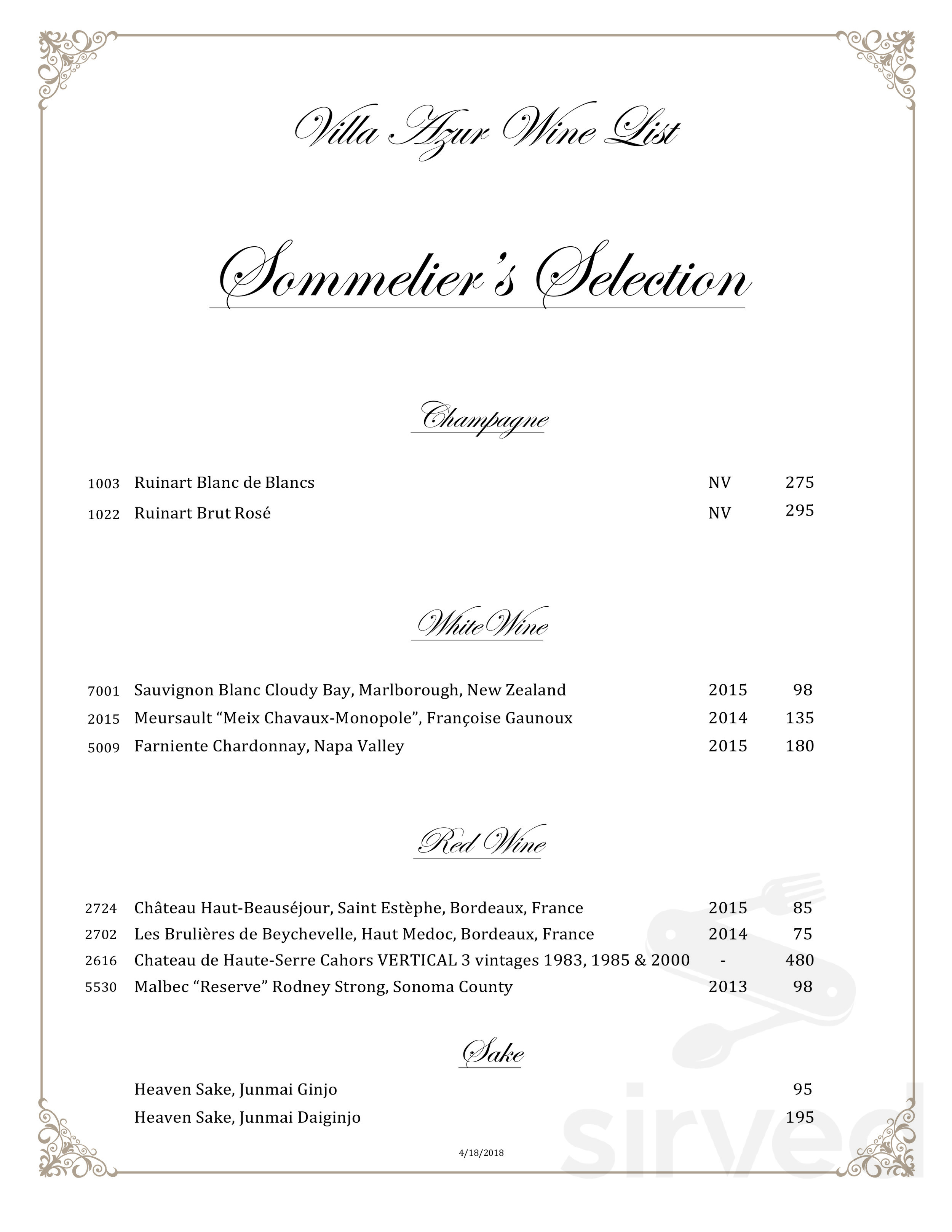 Menu - Miami Beach FL's Villa Azur Miami | Sirved