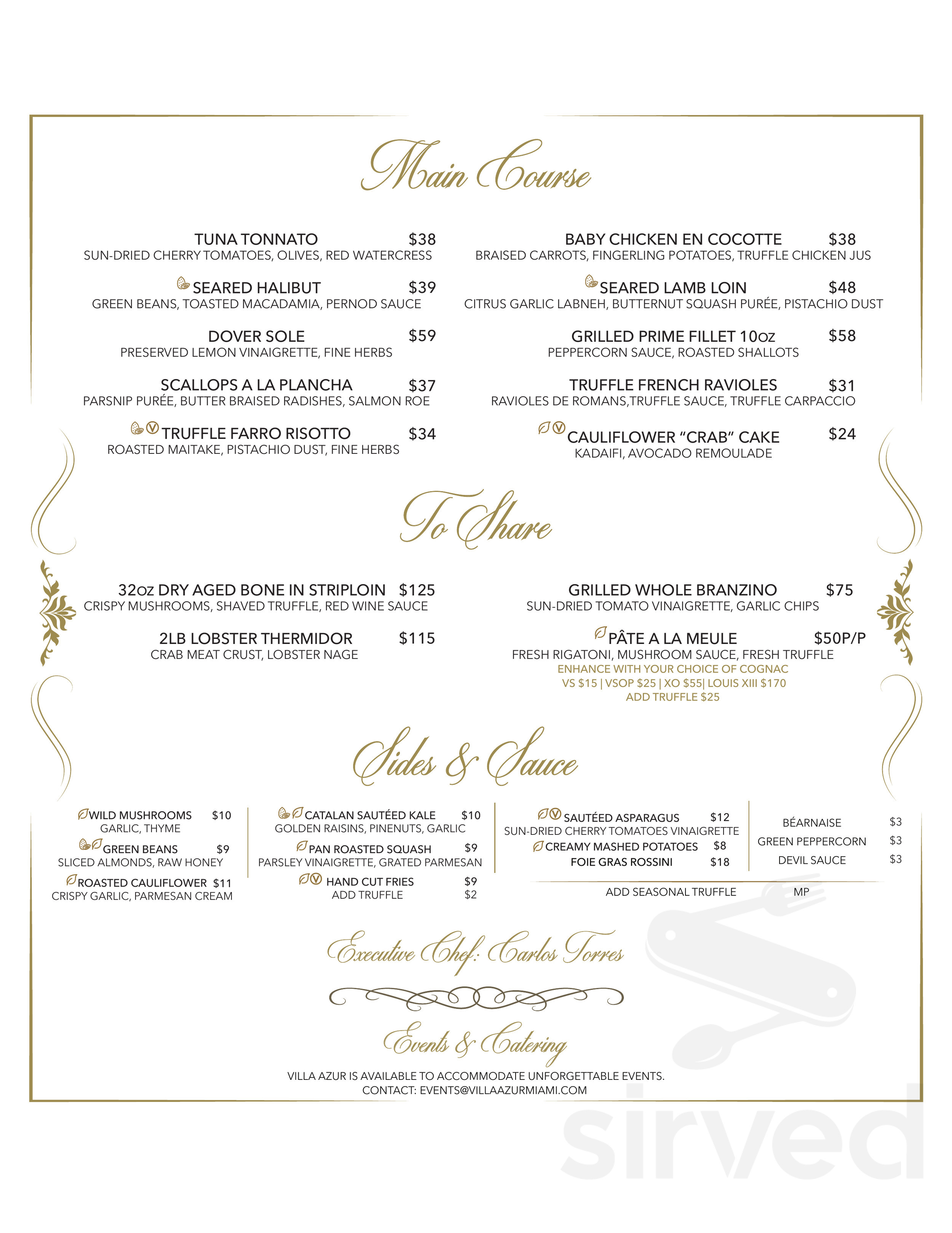 Menu - Miami Beach FL's Villa Azur Miami | Sirved