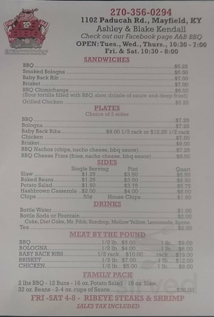 Menu for A&B BBQ in Mayfield, KY | Sirved