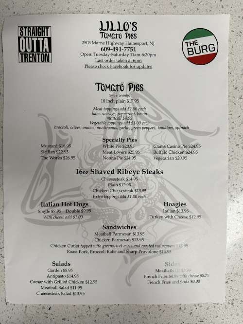 Lillo's Tomato Pies menu in Hainesport, New Jersey, USA