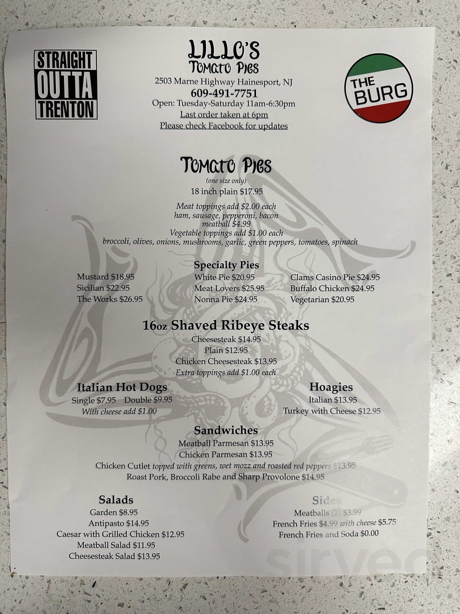 Lillo's Tomato Pies menu in Hainesport, New Jersey, USA