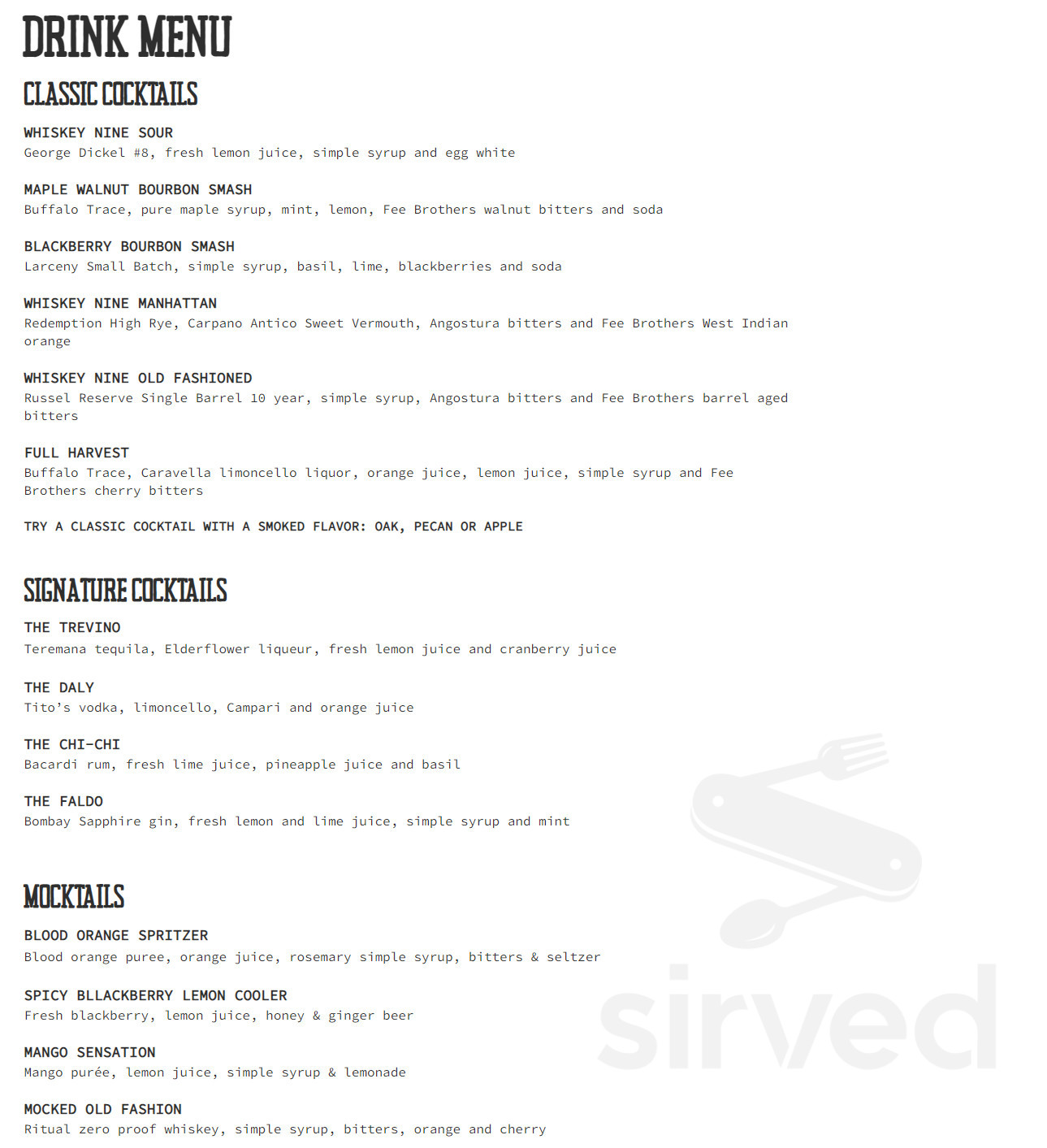 Whiskey Nine menu in Minot, North Dakota, USA