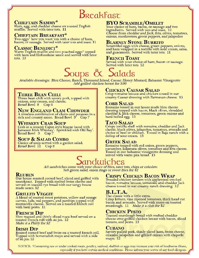 Chieftain Irish Pub & Restaurant menu in Seattle, Washington, USA