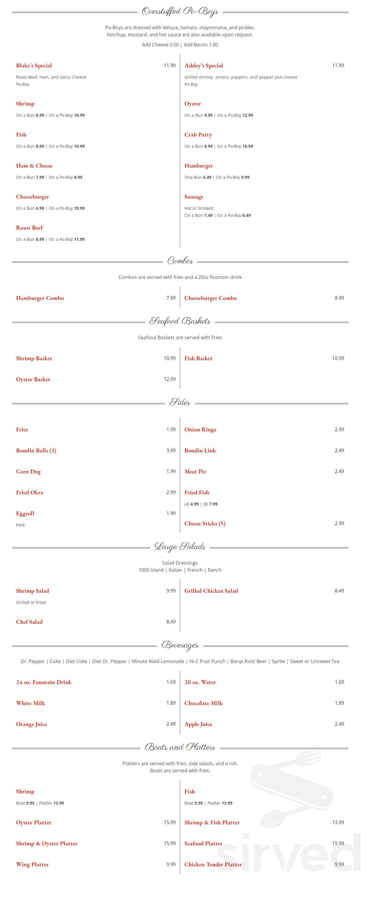 Blake's Deli menu in Vacherie, Louisiana, USA