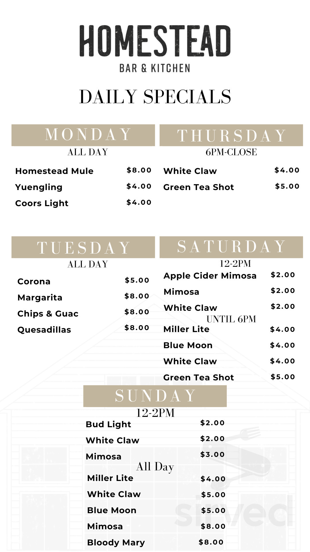 Homestead Bar & Kitchen menu in Morristown, New Jersey, USA