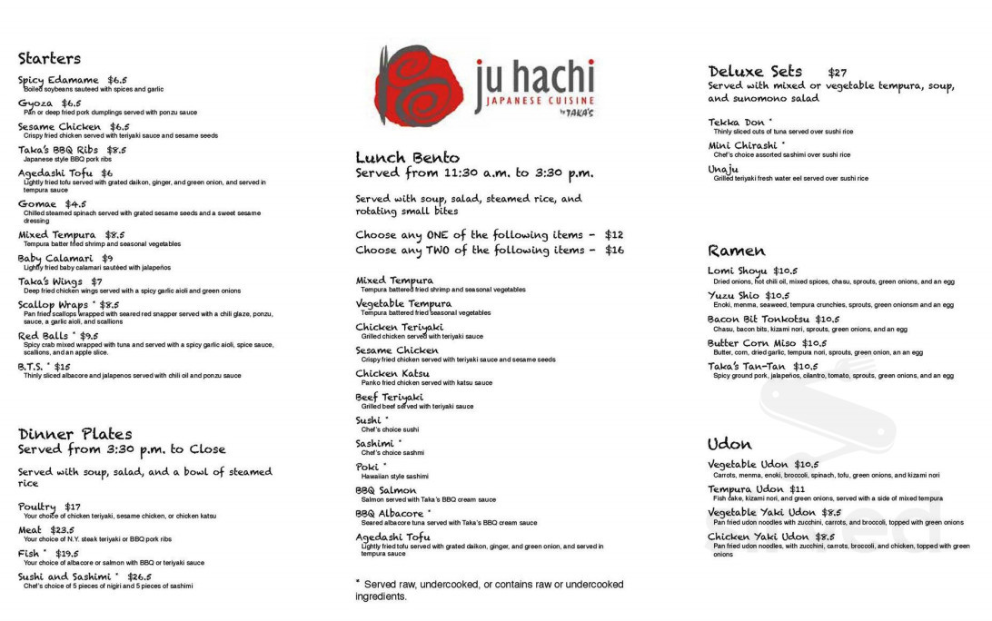 Ju Hachi Japanese Cuisine menu in Sacramento, California, USA