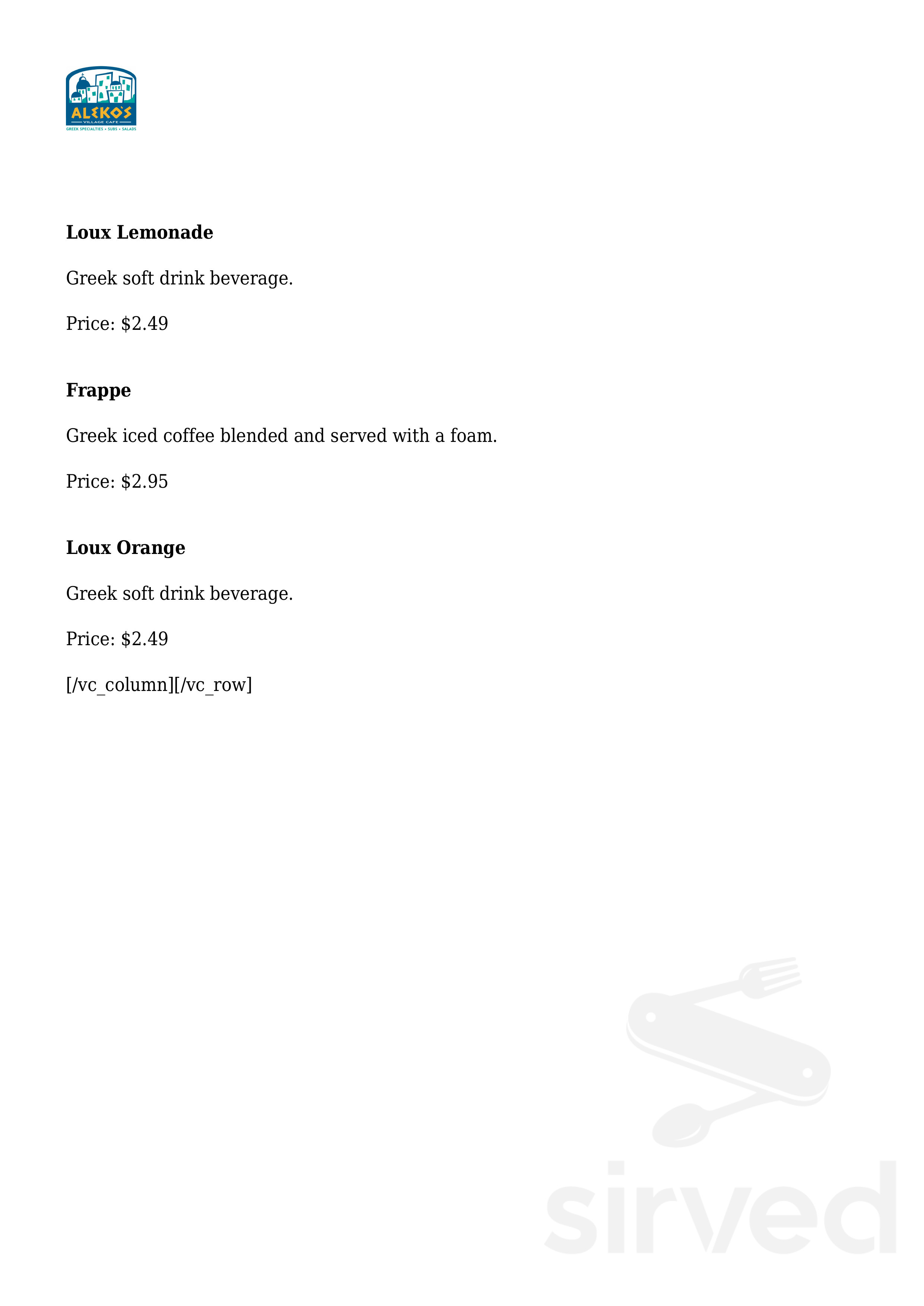 Aleko's Village Cafe menu in Middletown, Maryland, USA