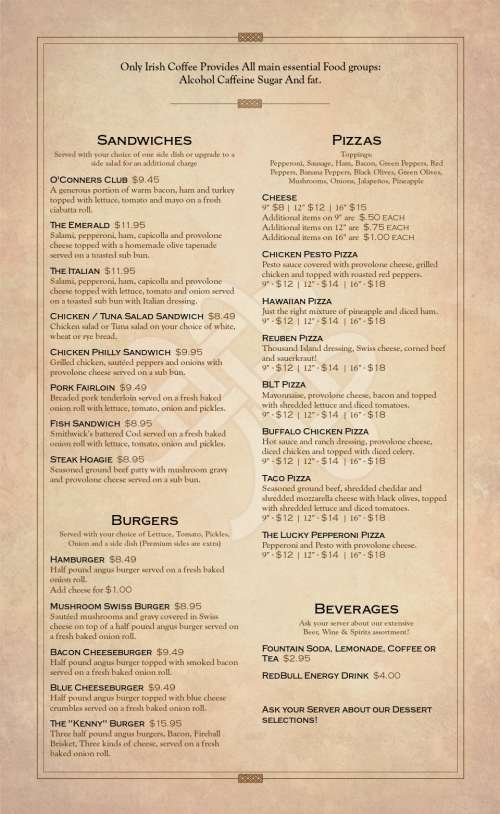 O'Conners Irish Pub menu in Springfield, Ohio, USA