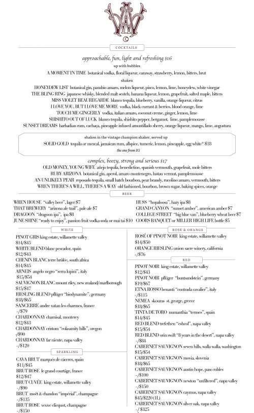 Wren & Wolf menu in Phoenix, Arizona, USA