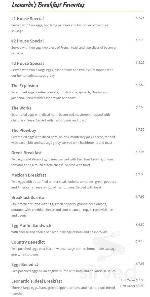 Leonardo's menus in South Elgin, Illinois, United States