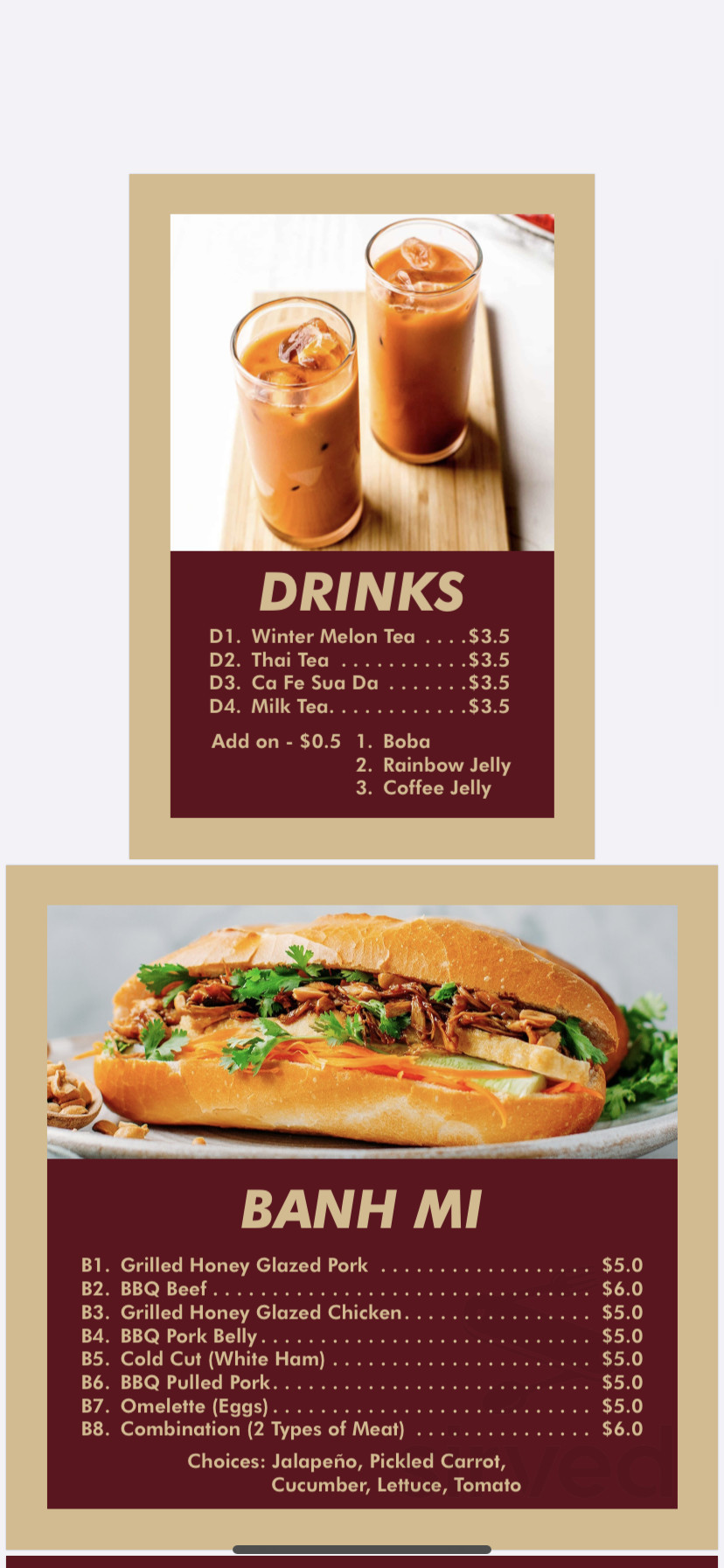 Banh Mi Town menu in Houston, Texas, USA