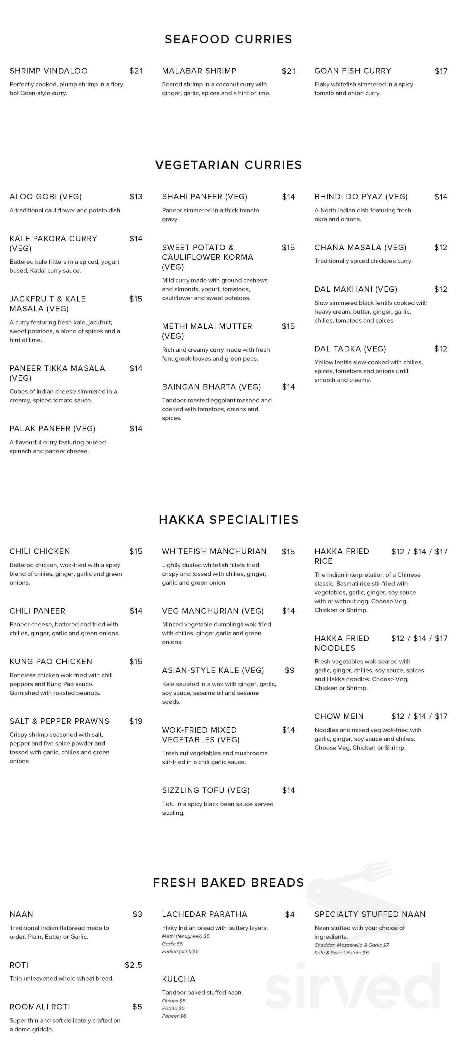 Avani Asian Indian Bistro menu in Mississauga, Ontario, Canada