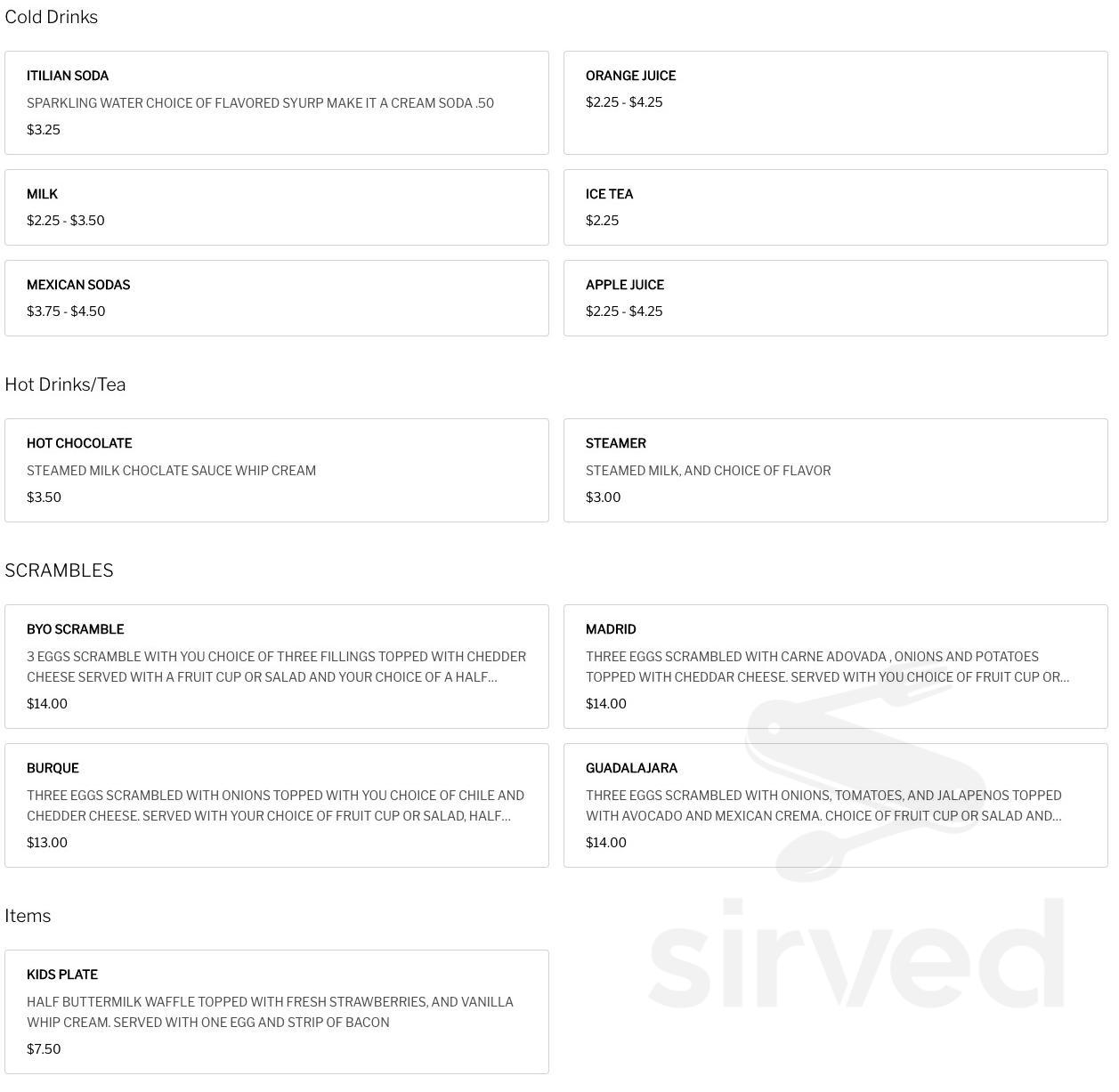 Tia B's La Waffleria menu in Albuquerque, New Mexico, USA