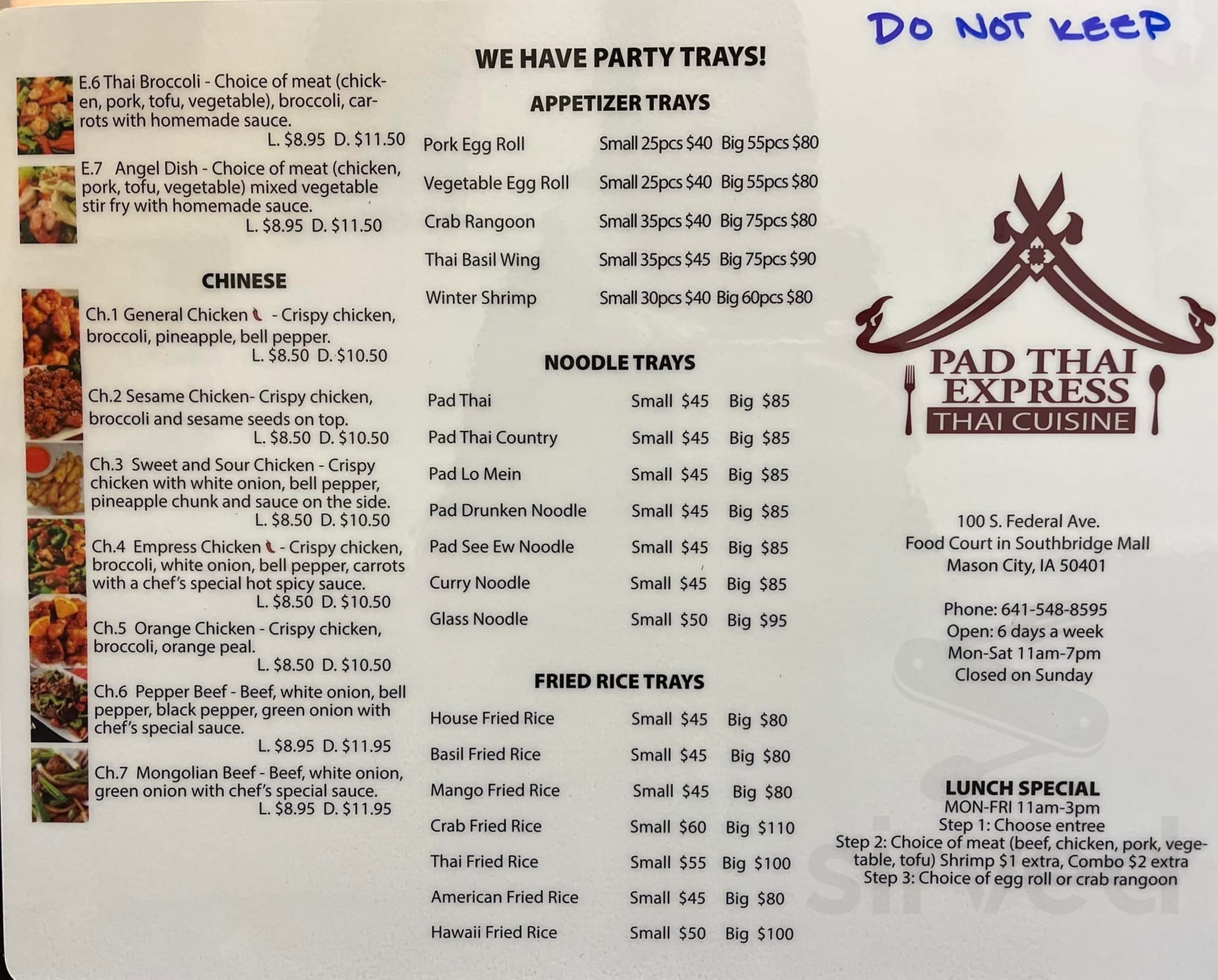 Pad Thai Express menu in Mason City, Iowa, USA