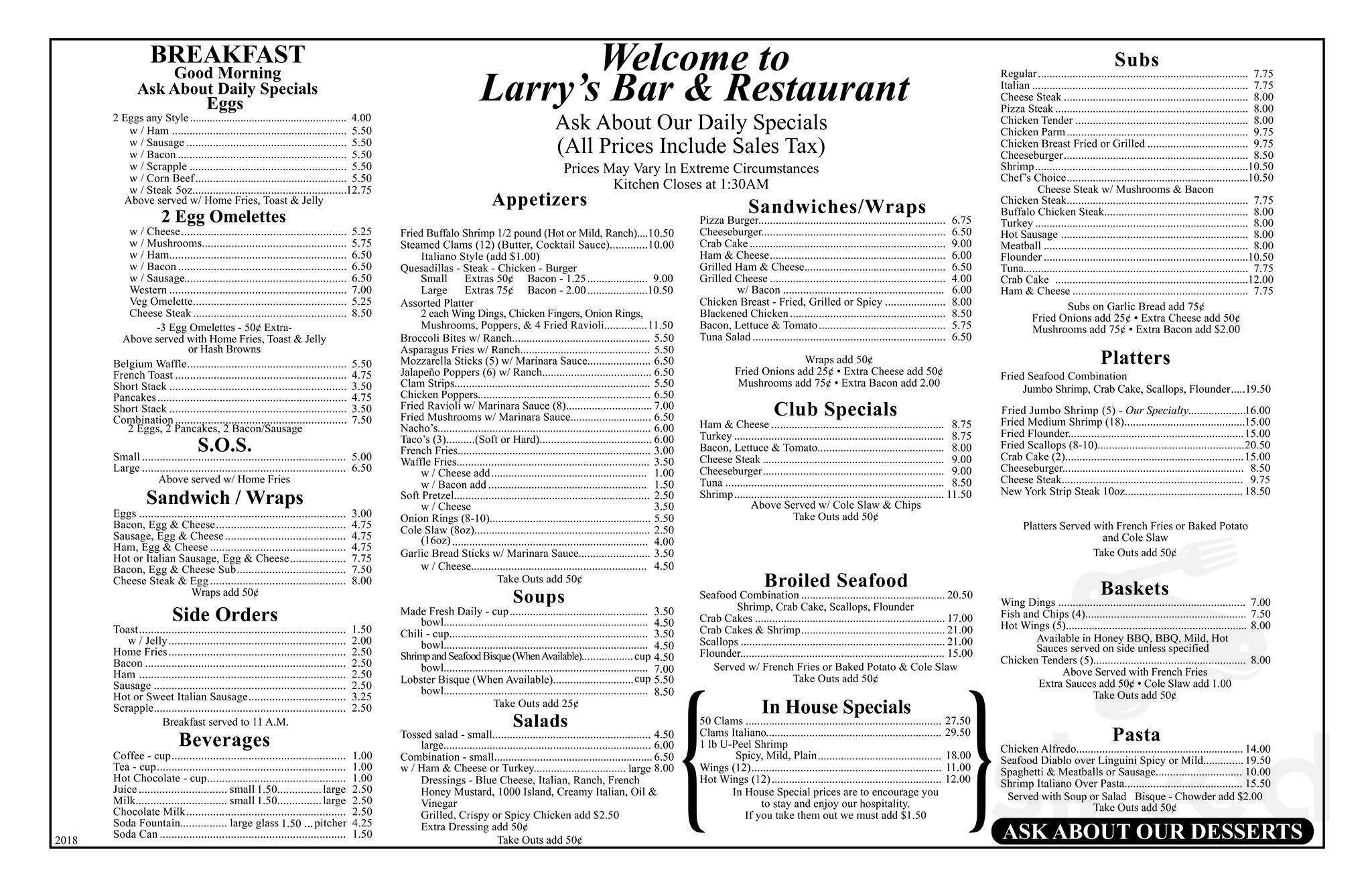 Menu for Larry's Bar & Restaurant in Millville, NJ | Sirved