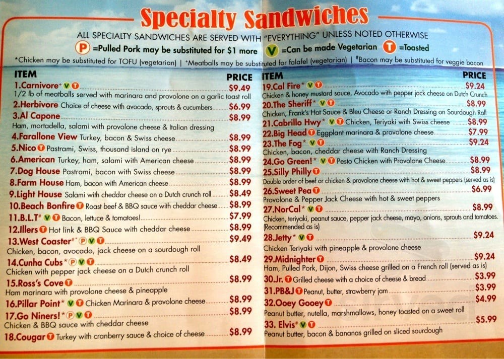 Gherkin's Sandwich Shop menu in Montara, California, USA