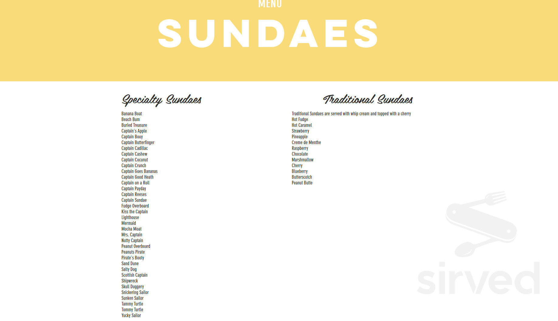 Captain Sundae menu in Holland, Michigan, USA